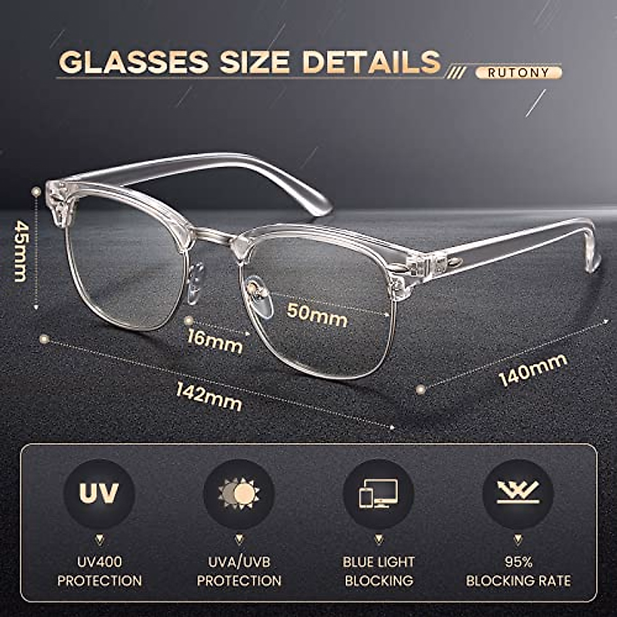 Rutony 3 Pack Blue Light Glasses Men Women, Retro Semi Rimless Anti UV400 Clear Lenses, Round Clear Computer Gaming Eyewear