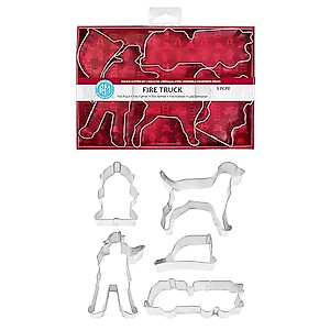 R&M International Fire Truck Cookie Cutters, Firefighter, Truck, Helmet, Hydrant, Dog, 5-Piece Set