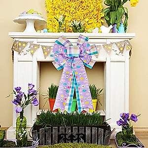SIMISI RIBBON Easter Large Wreath Bow Burlap Wired Ribbbon Bow with Bunny Eggs Door Ornaments for Easter Day Gift Wrapping Party Decorations, 11x17.7 inch