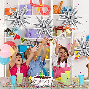 Silver Explosion Star Foil Balloons 50pcs Silver Starburst Balloons 26'' Big Foil Cone Balloon 12 Cone Point Star Balloon Metallic Spike Balloon Birthday Wedding Anniversary Backdrop Baby Shower Decor