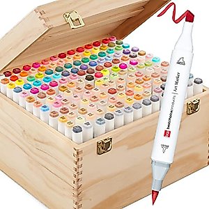 Best Choice Products Set of 168 Alcohol-Based Markers, Dual-Tipped Alcohol Markers for Adults, Double-Sided Art Kit w/Brush & Chisel Tip, Color Chart, Wood Carrying Case - Natural