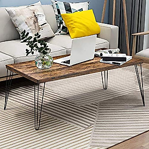 Giantex Rustic Coffee Table w/Wooden Top & Metal Hairpin Legs, 44" Large Rectangle Sofa Table w/Spray Paint, Industrial Style, Boho Wooden Table for Living Room, Reception Room, Home Office (Walnut)
