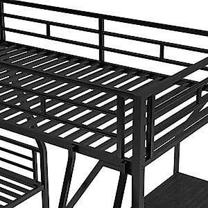 RORIGAT Metal Bunk Bed, Twin Over Full Size Triple Beds with Desk, L-Shape Loftbed for 3, Space-Saving Design/No Box Spring Needed, Black
