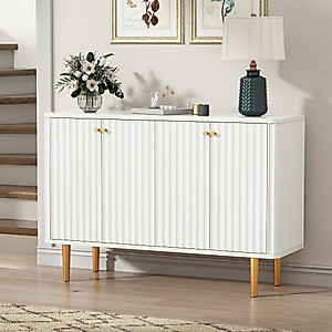 HLR Sideboard Buffet Cabinet, 48" Modern Accent Cabinet with 4 Door and Removable Shelves, Credenza Entryway Cabinet with Storage for Living Room, Dinning Room, Ivory White