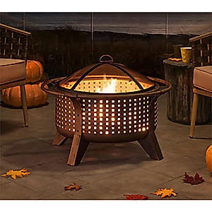 Sunjoy 30 in. Outdoor Wood-Burning Fire Pit, Patio Woven Round Steel Firepit Large Fire Pits for Outside & Duck Covers Ultimate Waterproof 34 Inch Round Fire Pit Cover, Patio Furniture Covers