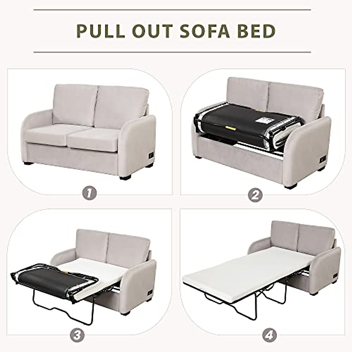 Multifunctional Velvet Loveseat Sofa with Pull Out Sleeper Couch Bed ,USB Port ,3-pin Plug & Twin Memory Mattress for Living Room Furniture Sets, Spaces Saving Design for Home, Apartment and Office