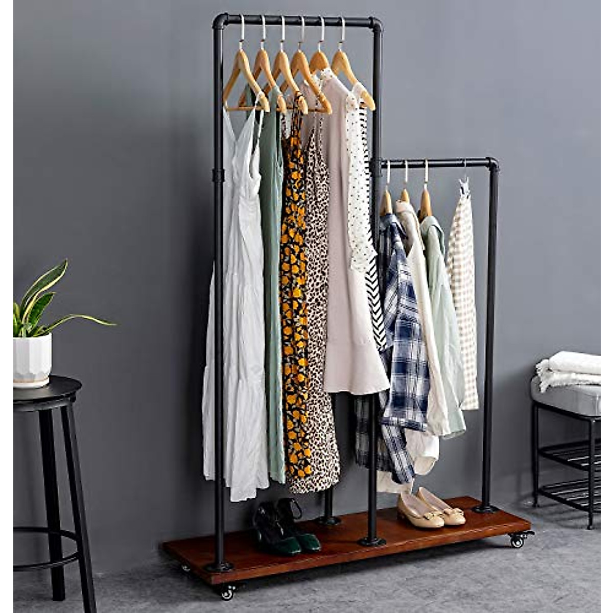 Hanging Clothes Rack with Shelves,Industrial Pipe Clothing Rack on Wheels,Heavy Duty Rolling Garment Rack - Clothes Racks for Hanging Clothes - Natural Wood Base