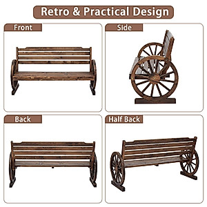 KINTNESS Wooden Wagon Wheel Bench Rustic Outdoor Patio Furniture 2-Person Seat Bench with Backrest for Backyard Patio