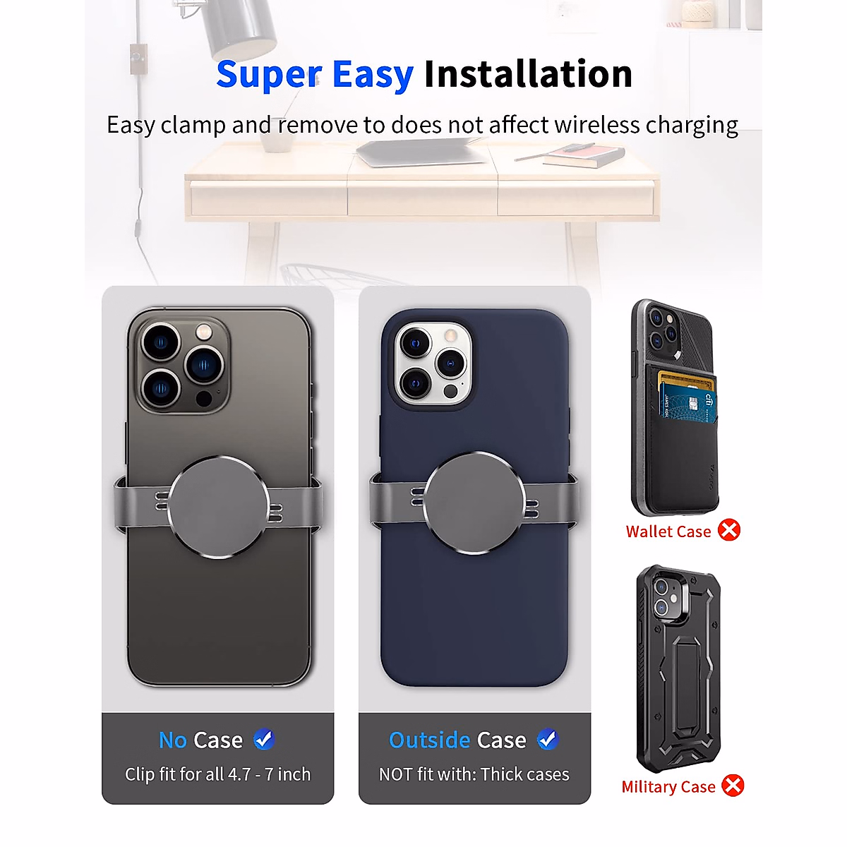 CHEEDAY Metal Phone Clamp for Magnetic Car Mount, [Clip & Remove at Anytime] Durable Metal Phone Clip for Most Magnet Phone Holder Compatible with iPhone 12 13 14 Pro Max, Samsung and More, Gray