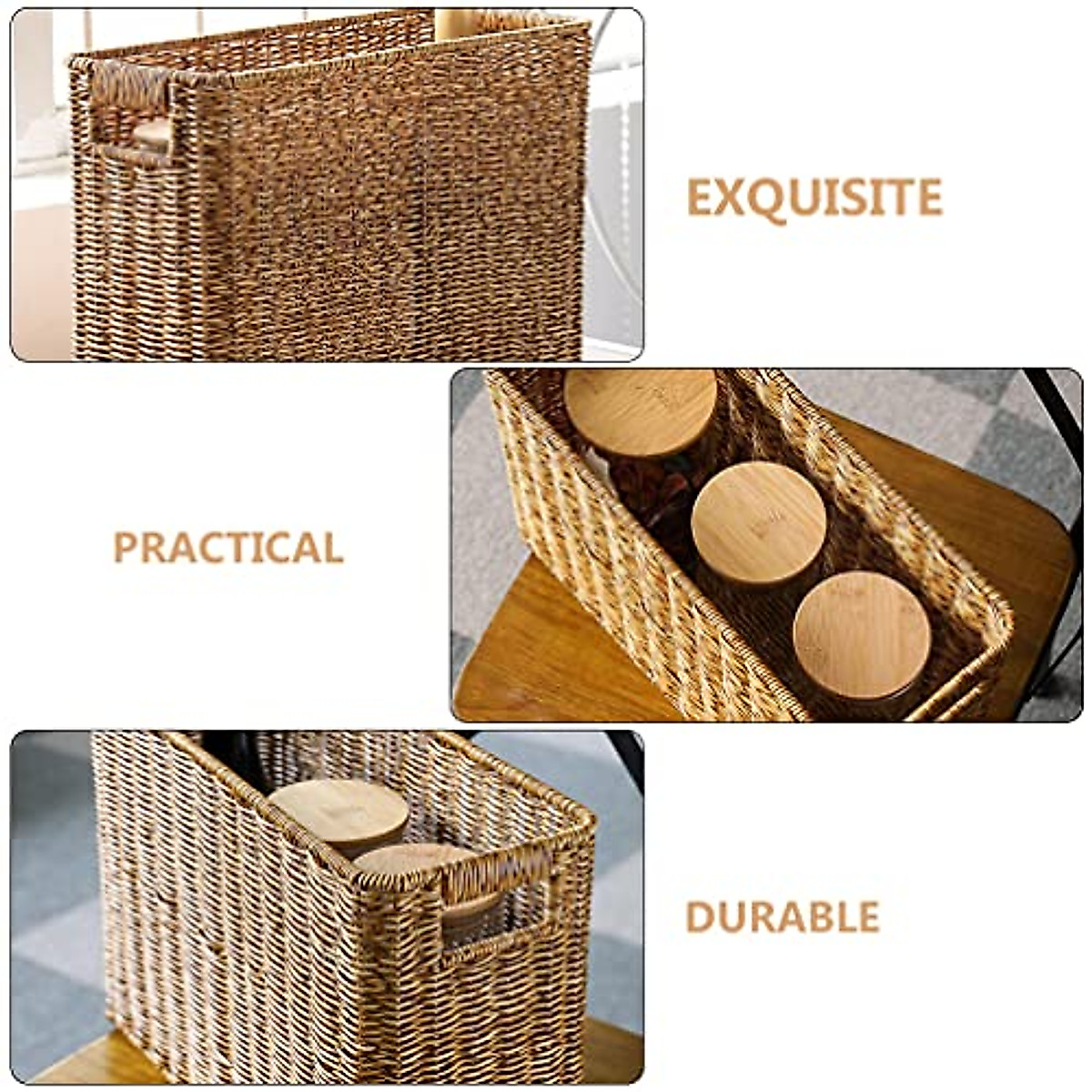 Ipetboom Magazine Wicker Basket Rectangular Basket Bins Woven Files Holder Rectangular Basket Bin Books Organizer Case Farmhouse Standing Rack for Shelf Home Office Brown