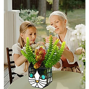 Tiffany Cute Cat Stained Glass Flower Pots,Indoor and Outdoor Plant Displays,Cat Plant Planter,Candle Holder Container Decoration 4.6 x 5.15 x 2.3 inch(Without Succulents)