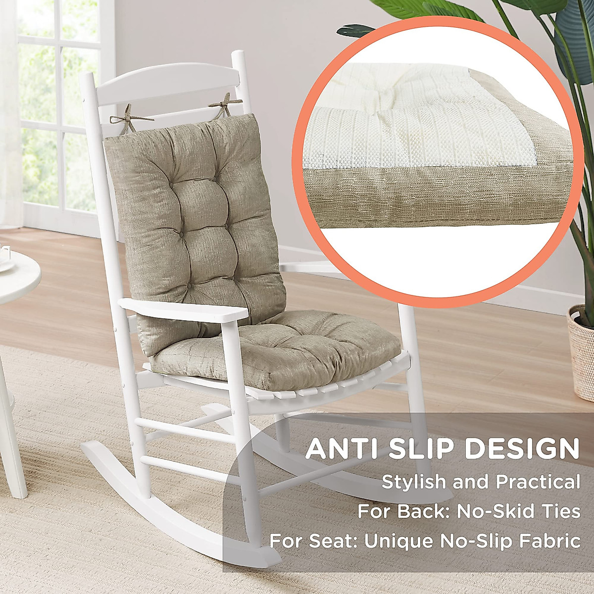 Rocking Chair Cushion, Rocker Chairs Replacement Cushions Set for Indoor, Water Resistant Extra Cozy Tufted Seat Pads and Non Slip High Back Pad with Ties for Outdoor, Memory Foam Added, Taupe