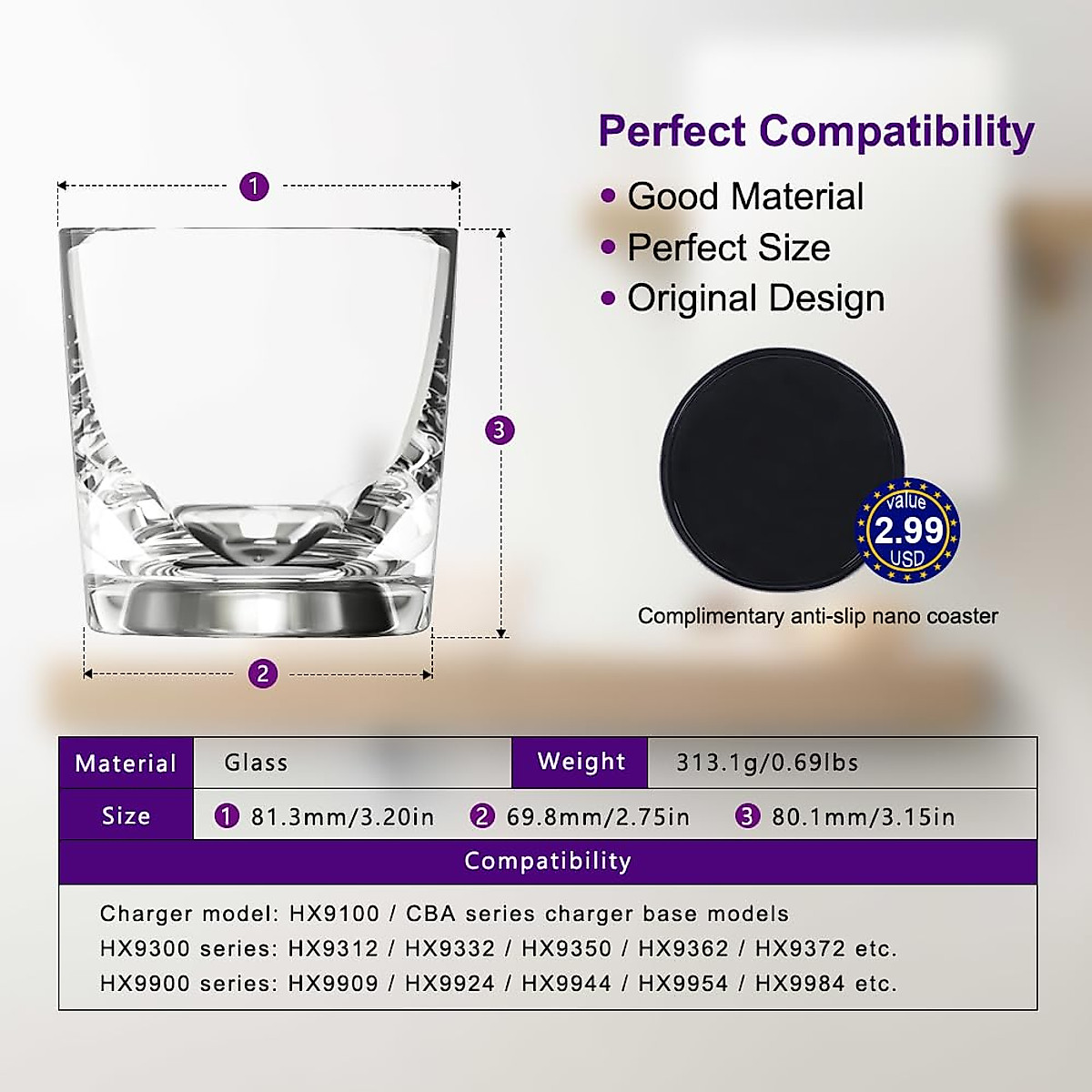 Replacement Charger Glass Cup Compatible with Philips Sonicare Diamondclean Electric Toothbrush, for HX9100 CBA1001 CBA2001 CBA3001 Charging Base and HX9300 HX9900 Series Electric Toothbrush Charger