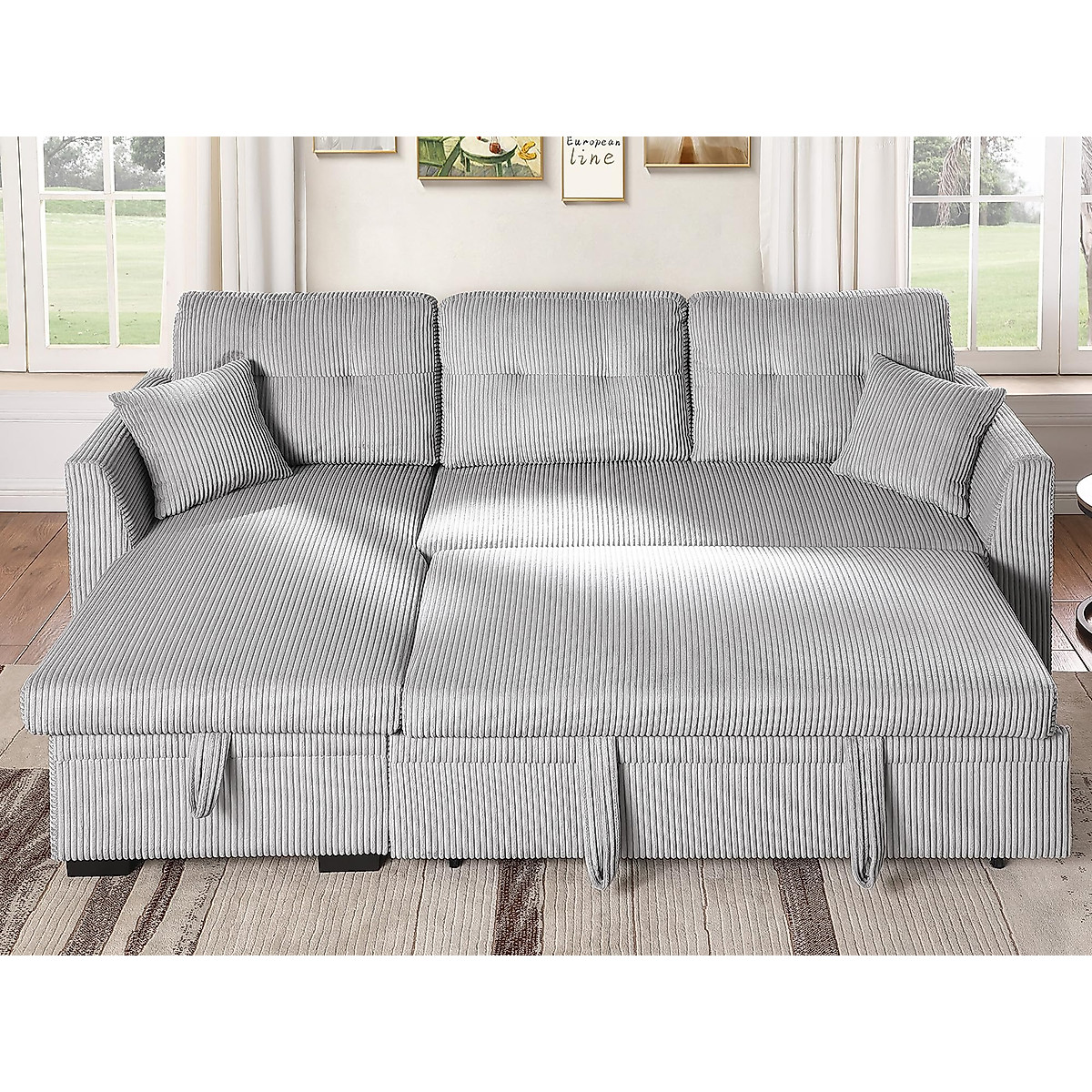BEEY Small Sleeper Sofa, 82" Convertible L Shaped Couch with Pull Out Bed and Storage Chaise, Corduroy Sectional Sofa Bed for Bedroom, Living Room, Apartment, Light Grey