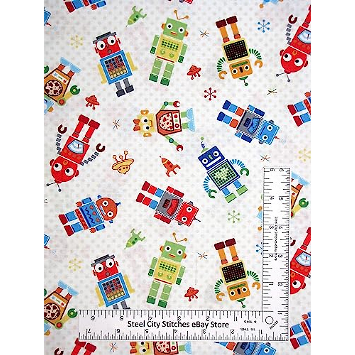 FlashPhoenix Quality Sewing Fabric – Robot Fabric Multi Color Rocket Robots White 100% Cotton Size; 1.6 Yard
