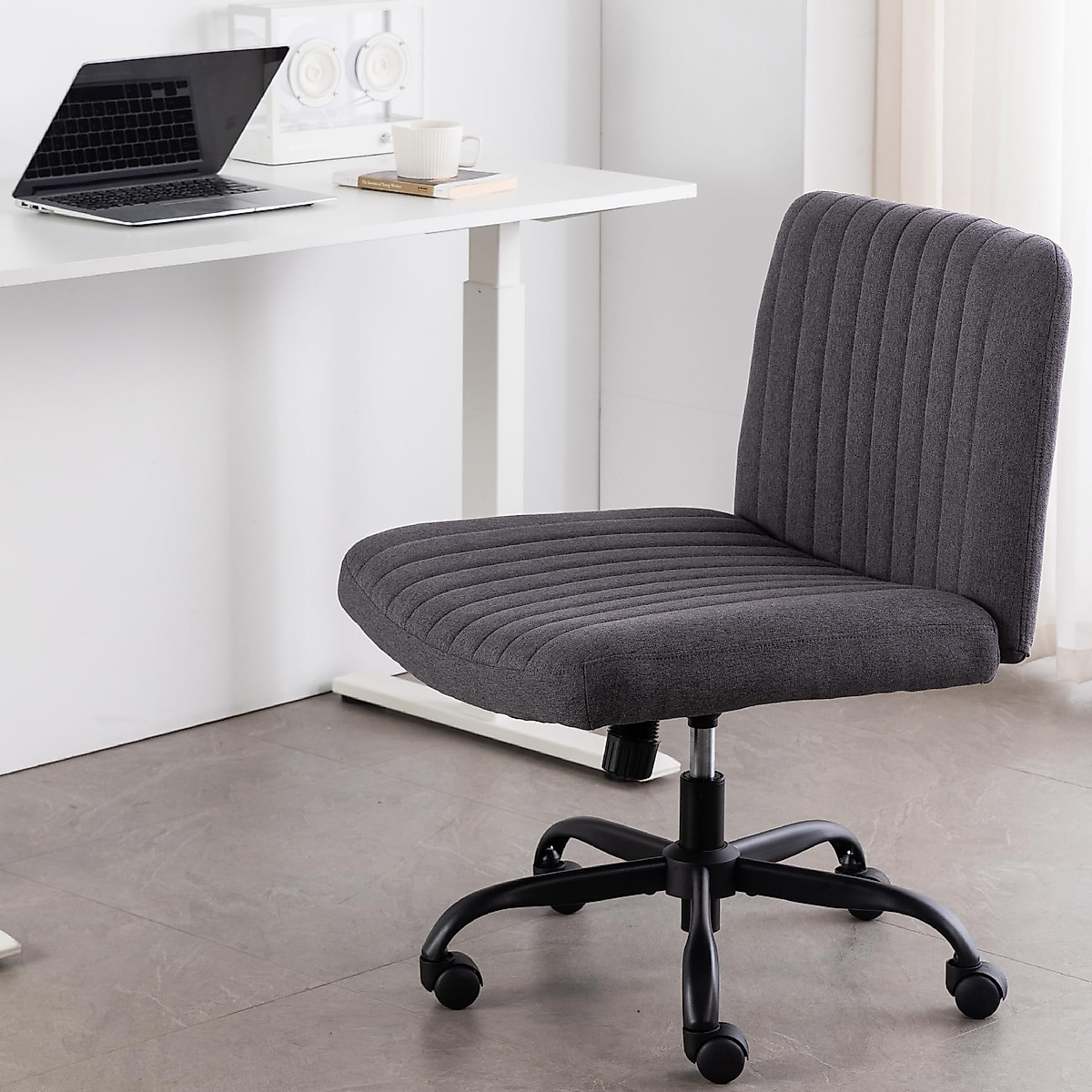 Armless Wide Office Chair No Wheels Fabric Padded Desk Chair Task Vanity Chair Swivel Home Office Desk Chair 120°Rocking Mid Back Ergonomic Computer Chair for Make Up,Small Space, Bed Room(Brown)