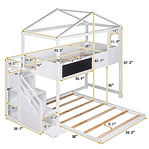 DEYOBED Twin Over Full House Shaped Wooden Bunk Bed with Storage Staircase, Shelves and Blackboard for Kids Teens