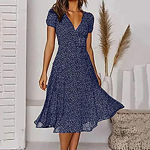 Women Casual Dress Summer Dress V Neck Solid Color Polka Dot Print Dress Short Sleeve Lace Up Tie Sexy Plus Size Dresses