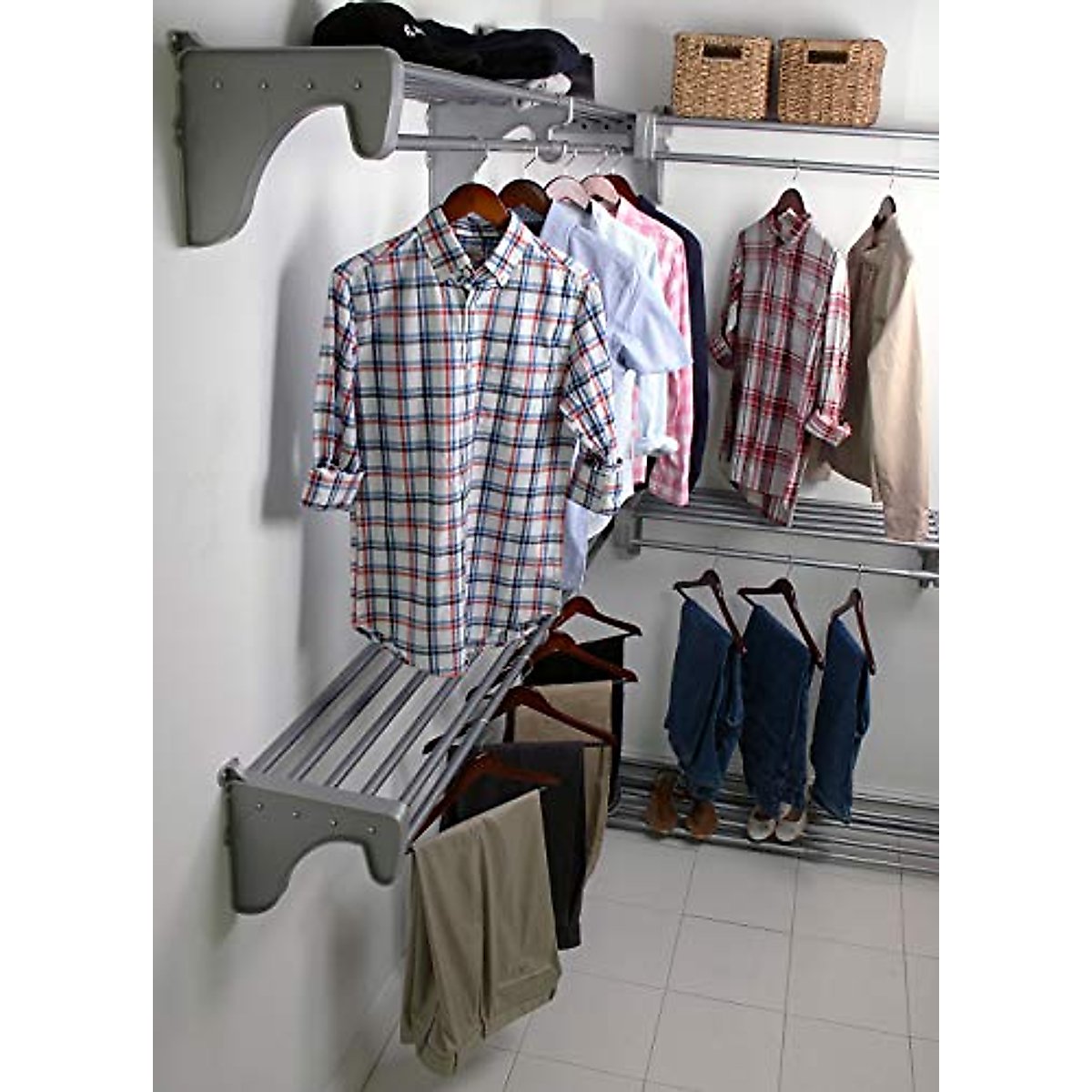 EZ Shelf - Walk in Closet System - 5 Pack - Expandable Closet Shelf with Hanging Rod (Each 40.5–73”) - with 4 End Brackets - Silver - Strong - Easy to Install – Alternative to Wire Closet Shelving