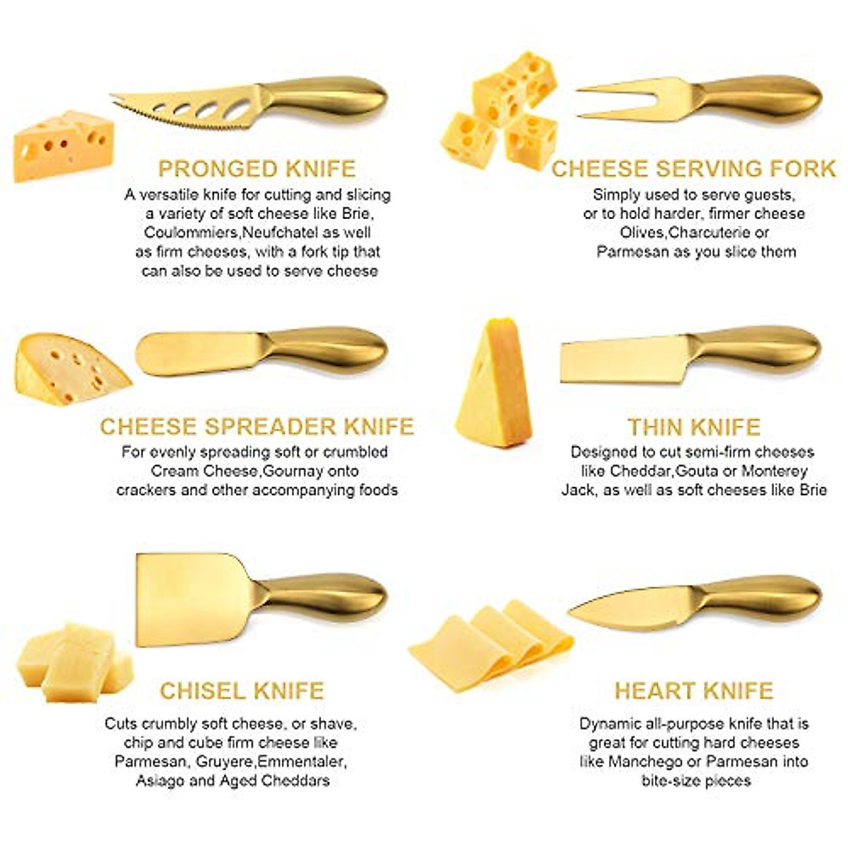 Premium 6-Piece Golden Cheese Knife Set, Stainless Steel Cheese Cutter Cheese Fork Slicer,Cheese Tool Collection, Cheese Spreaders for Christmas Gift