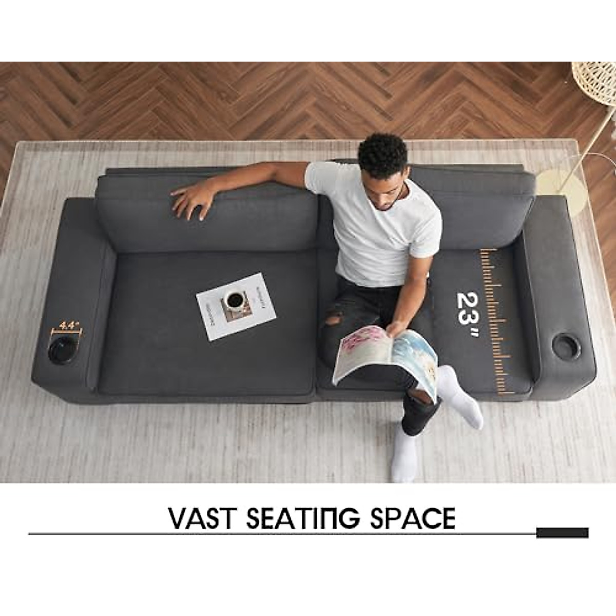 HOWE Sofa, 89 inch Modern Sofa Couch with USB Charging Ports & Cup Holders, Comfy Sofa- Deep Seat Couch for Living Room (Charcoal Grey Chenille)