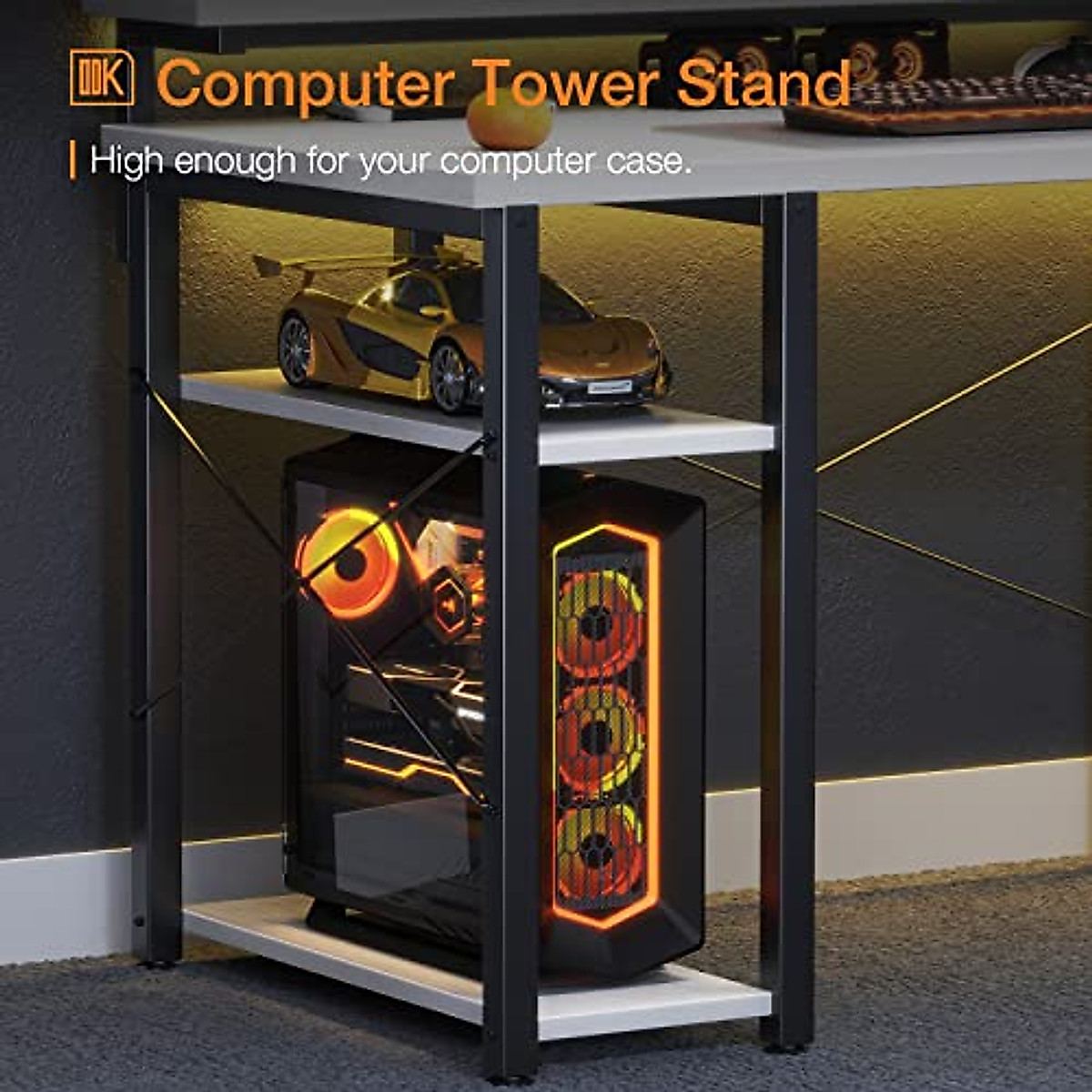 ODK L Shaped Gaming Desk, 61'' Corner Computer Desk with Monitor Stand & Storage Shelf, Sturdy Home Office Desk, Writing Desk Table, Work Desk, White