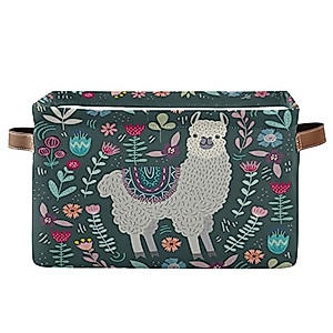 Kigai Collapsible Storage Basket with Handles, Cute Floral Llama Canvas Fabric Storage Bins Toys Clothes Organizer for Bedroom, Nursery, Shelves, Closets (2PACK)