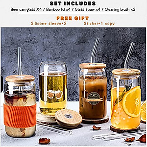 YYC Glass Cups with Lids and Straws 4pcs[Coffee Accessories Gifts],16oz Iced Coffee Cups with Lids-Beer Can Glass with Lids and Straw,Cute Glass Cups Drinking Glasses Set w Silicone Sleeve/Stickers