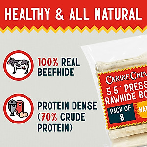Canine Chews Pressed Rawhide Bones for Large Dogs - 5.5" Long Lasting Dog Chews - Compressed Beefhide Large Dog Chew Bones - Chew Toy Dog Bones - Raw Hide Bones Dog for Aggressive Chewers (5.5", 8pk)