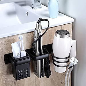 DELITON Hair Dryer Holder Wall Mount - Blow Dryer Holder, Hair Dryer Rack & Hair Styling Care Tool Organizer - Storage Basket with Plug Hook, Black