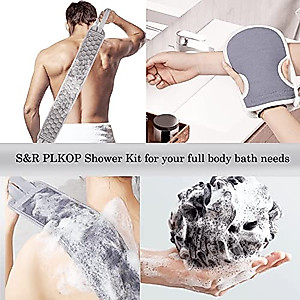 S&R PLKOP Exfoliating Body Scrubber Set - Includes Back Scrubber, Bath Glove and Shower Bath Sponge Loofah - for Women and Men Shower - Deep Clean and Vitalize Your Skin - 3-Pack(36.5*3.7 Inch, Grey)