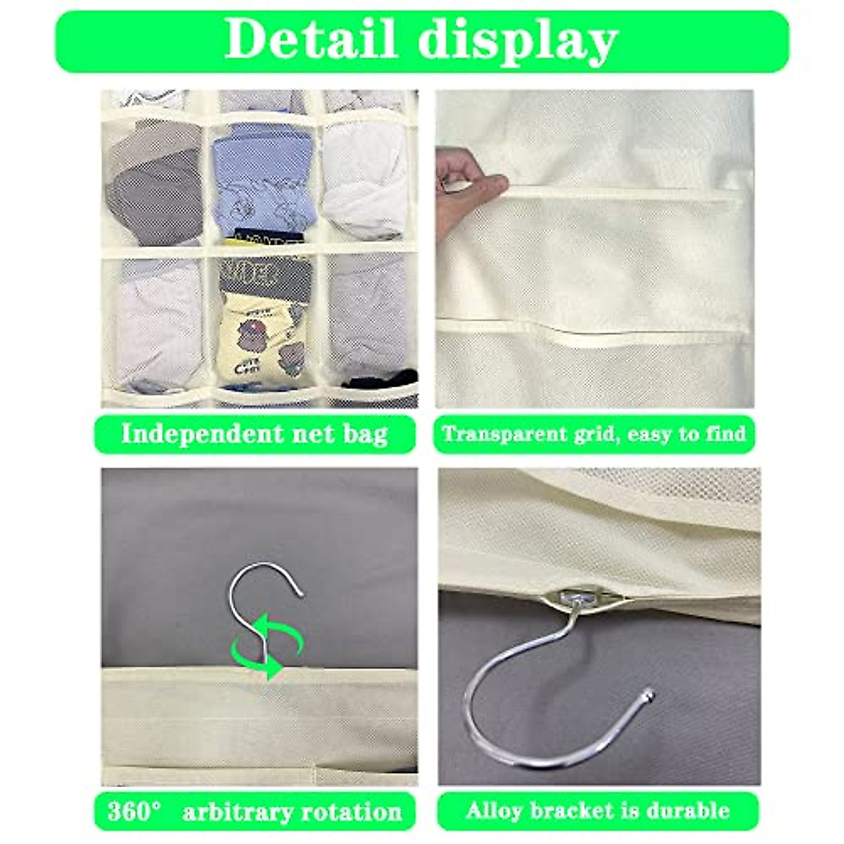 Hanging closet organizer, 36 individual mesh pockets and rotatable metal hangers, double-sided wall hanging storage, hanging storage organizer saves space, can put bras panties socks light small items