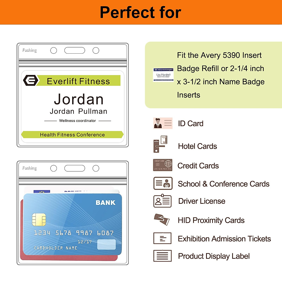 Fushing 100 Pcs Clear Plastic Horizontal Name Tag Badge ID Card Holders