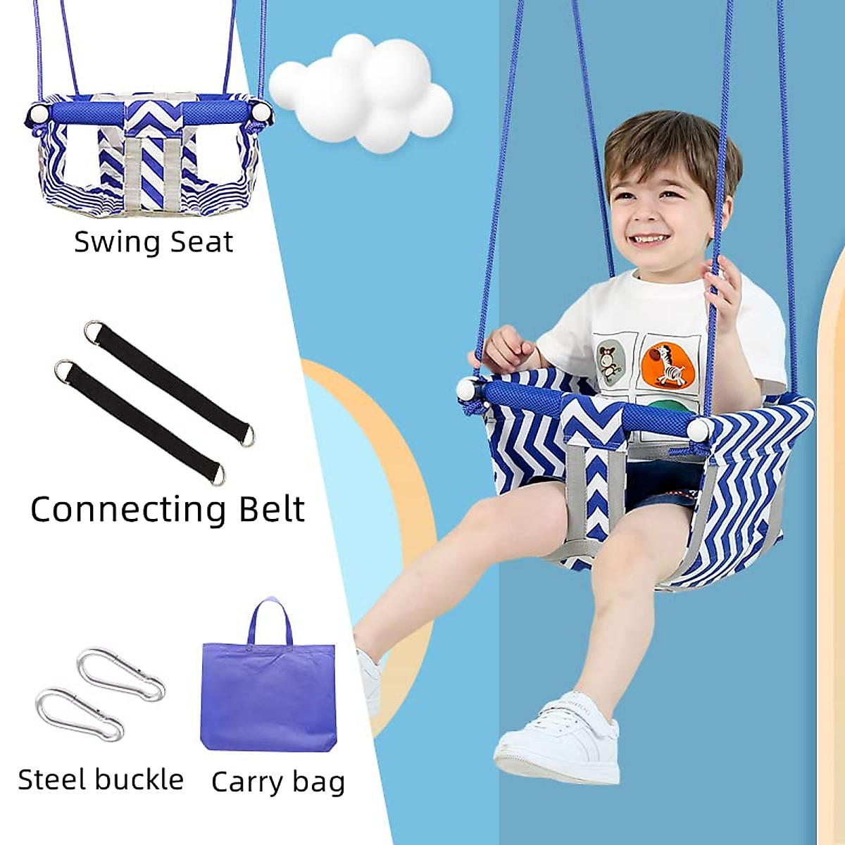 Toddler Baby Swing Seat with Heavy Duty Rope Play Secure Kids Swing Set, Secure Soft Canvas with Seat Belt for 6Months-14Years Old