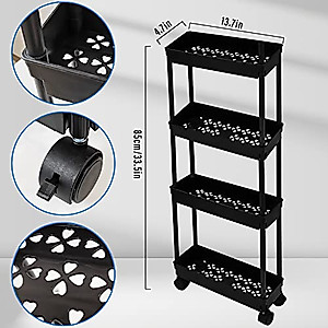 4 Tier Rolling Cart Kitchen Bathroom Utility Carts with Wheels 39 Inches Tall Slim Rolling Shelf Cart with 4 Universal Wheels Coner Storage Shelves Cart Black