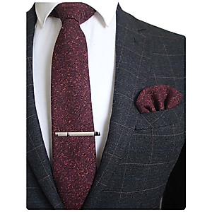 JEMYGINS Burgundy Cashmere Wool Necktie and Pocket Square, Hankerchief and Tie Clip Sets for Men (4)