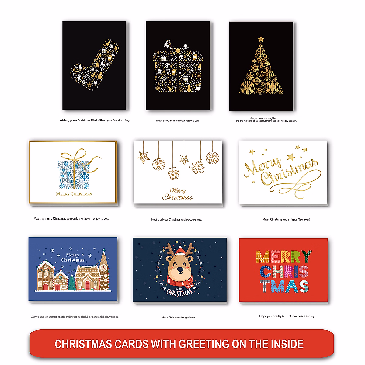 100 Unique Christmas Cards, Christmas Cards Boxed With Envelopes,Large 5X7 Inch Merry Christmas Cards Greeting Cards Set With Greeting And Sticker,Bulk Christmas Cards Boxed Set