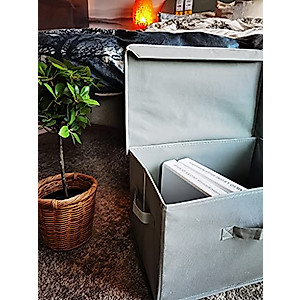 Sebadaci Storage Bins Cubes Baskets with Lids Handles Stackable Collapsible Storage Bins Baskets for Shelves, Organizing, Office Organizer, 3-pack Fabric Storage Cubes Living Room Closet, Gray, Medium