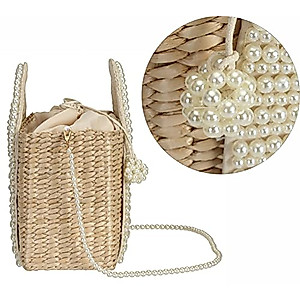 FUSMIC Women's Handbag Straw Handmade Artificial Pearl Rattan Weave Tote Shoulder Bag Beige