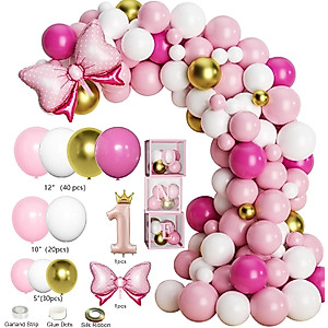 Baby Girl 1st Birthday Decorations , Baby First Birthday Supplies for Girl,Including Balloon Boxes, Pink Gold Balloons Garland Arch Kit，Party Backdrop, High Chair Banner, Crown, Photo Banner