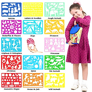 Drawing Stencils Set for Kids (55 Piece) - Arts and Crafts Set for Girls & Boys - Christmas & Birthday Gifts for Kids 4 5 6 7 8 9+ Year Old - Ideal Creativity Kit & Travel Activity with 300+ Shapes