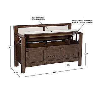 Linon Umber Brown Carlton Rustic Storage Bench with Beige Upholstered Back and Cushioned Seat
