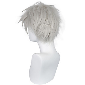 IMEYLE Silver White Wig with Bangs for Men Boys Short Straight Wig Synthetic Wig Anime Cosplay Wig for Halloween Costume Party + Wig Cap