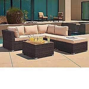 SUNCROWN 4-Piece Patio Furniture Set 83" x 81" Outdoor Sectional Sofa, 5 Seats Rattan Wicker Conversation Sets with Ottoman, Glass Coffee Table and Washable Cushions - Beige