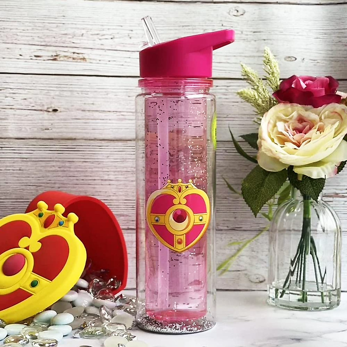 JUST FUNKY Sailor Moon Crystal Double-Walled Water Bottle | 18 oz Plastic Travel Beverage Container | Includes Glitter Wall | Home Deco | Anime Water Bottle | Officially Licensed