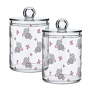 Elephants Qtip Holder Dispenser for Cotton Ball，Bathroom Organizers and Storage Containers，Plastic Jars with Lid Apothecary Jar for Cotton Swabs Pads
