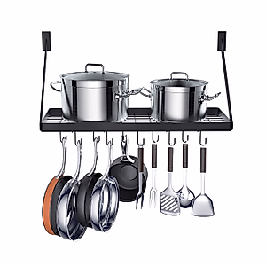 Miyili Pot Rack Square Grid Wall Mounted Kitchen Pot And Pan Organizer Shelf With 10 Hooks, 24 by 10-inch (Black), KR301B1