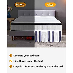 Navy Blue Stripes Bed Skirt King Size 16 Inch Drop, Adjustable & Elastic Wrap Around Bed Skirts Pleated Luxury Dust Ruffles for Twin Full Queen Cal King Base Bed, White Abstract Modern Geometric Art