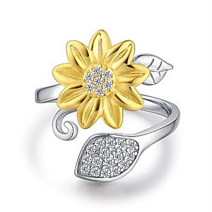BEILIN Sunflower Ring for Women You are My Sunshine 925 Sterling Silver Adjustable Promise Rings for Daughter Wife Mom