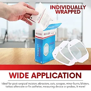 Transparent Film Dressing, 4" x 4 3/4" Box of 50 - Waterproof Wound Bandage Adhesive Patches, Post Surgical Shower or IV Shield, Tattoo Aftercare Bandage by Healqu